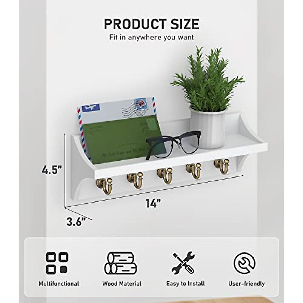 buways Key Holder for Wall-Farmhouse Key and Mail Holder for Wall with 5 Rustic Key Hooks,Wall Key Holder Rack with Shelf Décor for House Entryway（White