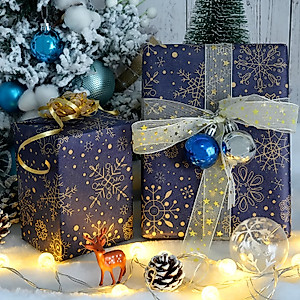 MAMUNU Christmas Wrapping Paper Roll, Navy Blue and Brown Kraft Gift Wrapping Paper Jumbo Roll, Snowflake Recycle Christmas Wrapping Paper for Gift Wrapping Arts Crafts Decorations, 17x590 Inch.