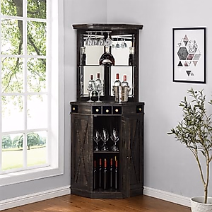 Home Source 73" Tall Corner Storage Cabinet with Wood Doors, Wine Rcak, Liquor Glass Holder, Glass Design Large Rustic Bar Hutch for Living Room, Home Office, Kitchen, Small Space, Charcoal