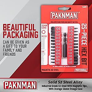 PAKNMAN 25-Piece Hex Head Allen Wrench Drill Bit Set, 1/4”Magnetic Extension, Metric and SAE S2 Steel Hex Bits Set, 1" Long