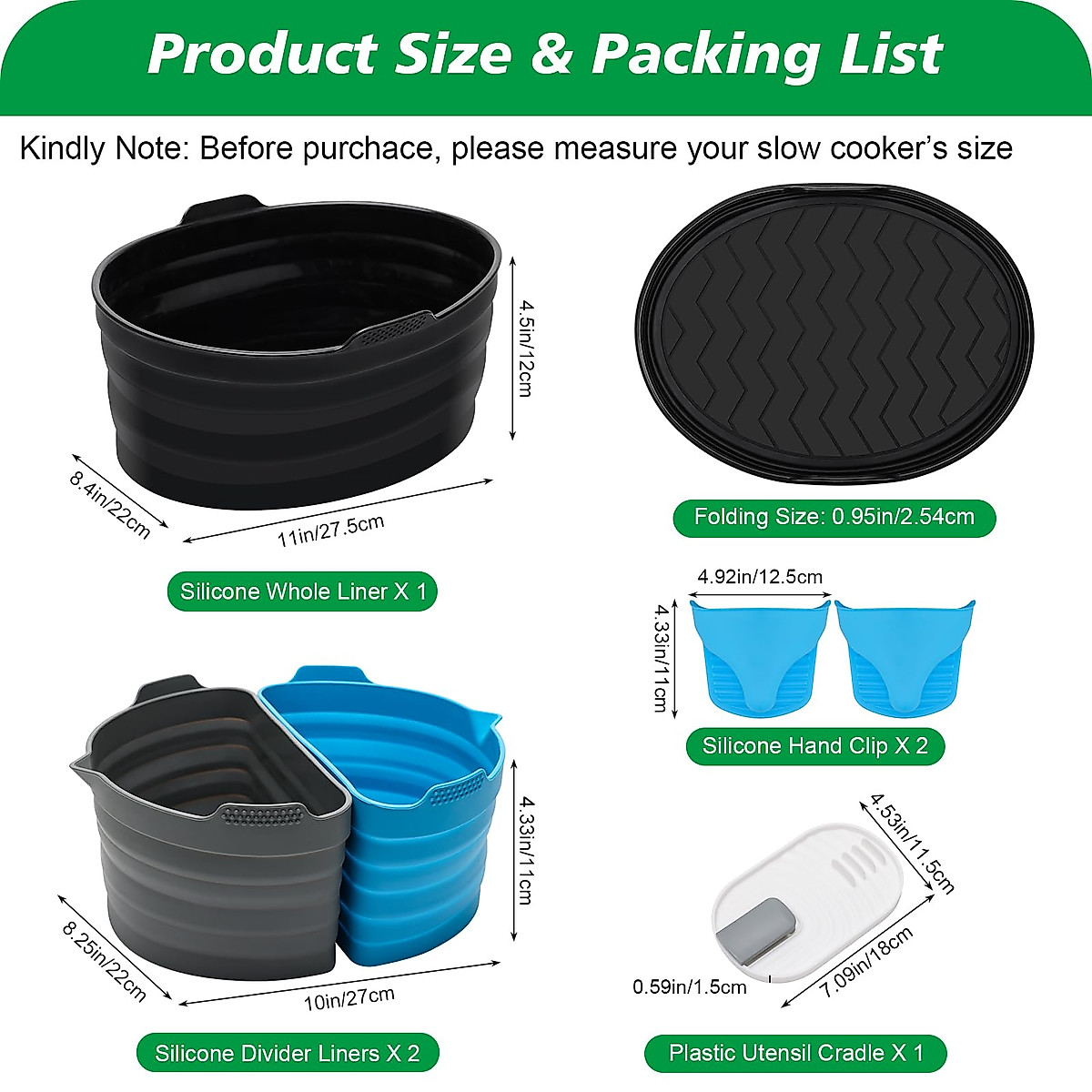 6 Pack Silicone Cooker Liners Set, Slow Cooker Pot Liner for 6-8QT Crock Pot, Contain 1 PCS Integrated Pot Mat, 2 PCS Divider Liners, 1 PCS Plastic Utensil Cradle, 2 PCS Silicone Hand-Clips