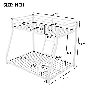 Lifeand Twin Over Full Bunk Bed with Metal Frame, Guardrail and Ladder, Space-Saving Design, Metal Bed for Kids&Teens,White