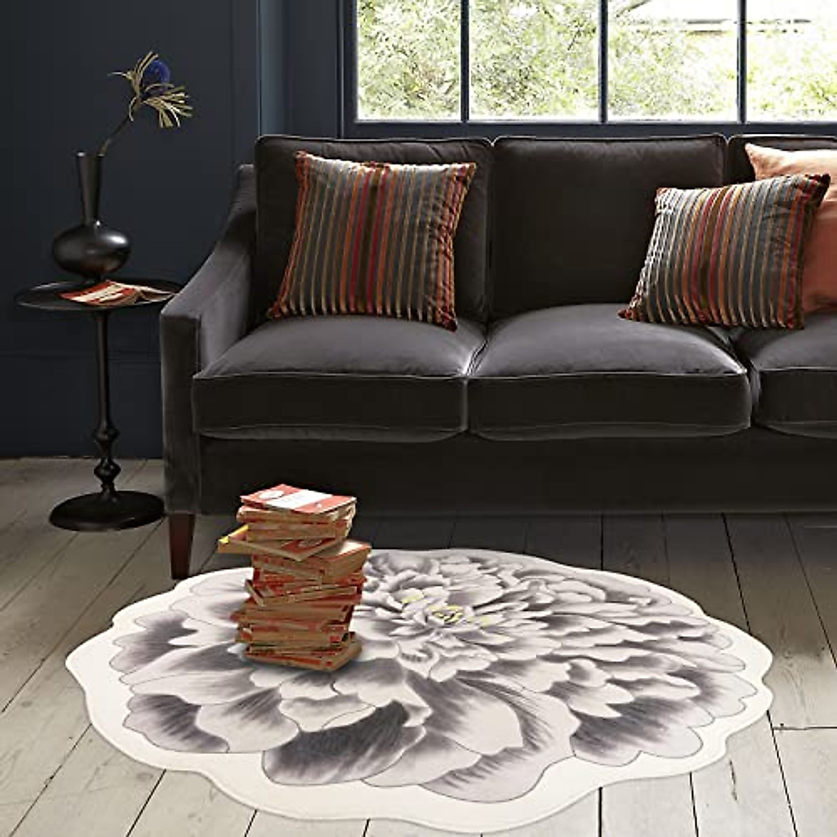 Lacomfy Modern Rug 4Ft Flower Rug Circle Bathroom Rug Floral Bedroom Carpet Round Rural Accent Rug Soft Peony Flower Farmhouse Floor Mat Laundry Mat for Indoor Home Decor Nonskid Washable Rug, Grey