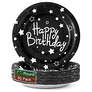 CENLBJ Happy Birthday Party Paper Plates,Black Birthday Dessert Plates,7inch-50pcs,Foil Polka Dots Paper Plates for Birthday Party Decorations