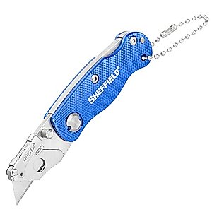 Sheffield 12116 Mini Ultimate Lock Back Utility Knife | Cut Boxes, Paper, Twine, etc. | Extra Quick-Change Blades Can Be Stored in Handle | Durable & Light Weight | Steel Blades, Aluminum Handle |Blue
