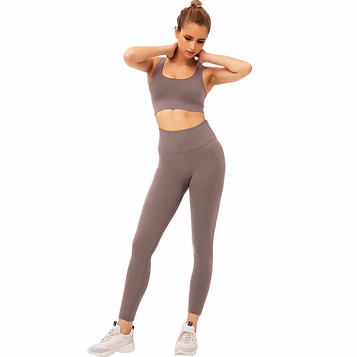 Jetjoy Exercise Outfits for Women 2 Pieces Ribbed Seamless Yoga Outfits Sports Bra and Leggings Set Tracksuits 2 Piece