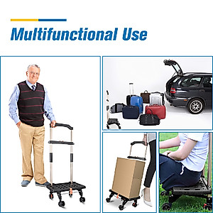 Folding Hand Truck Portable Dolly Utility Cart Rolling Crate with 4 Rotate Double Wheels 80KG/176Lbs Heavy Duty Adjustable Handle for Moving Shopping Grocery Travel Office Use(Black Swivel Wheel)