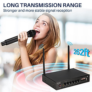 Wireless Microphone System UHF Dual Cordless Handheld Microphones Set for Home Karaoke, Singing, Speech, Party, Meeting, Church, 262ft Range (Black (w Battery))