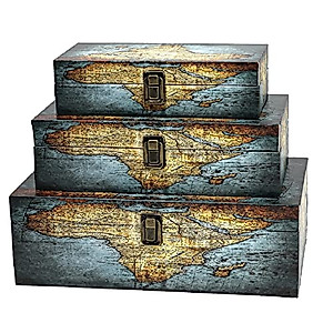 Jolitac Wood Storage Box Set of 3, Vintage Decorative Nesting Boxes Wooden Treasure Storage Crates With Latch, Home Decor Rustic Antique Boxes With Lid for Photos, Jewelry, Cash (Rectangle- Map)
