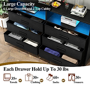 Loomie 6 Drawers Dresser with Power Outlets and LED Lights, Black Dresser with 2 Top Cubby, Tall Wide Fabric Double Chest of Drawers,Modern Dresser Tv Stand for up to 60" TV for Bedroom, Living Room