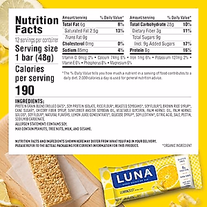 LUNA Bar - LemonZest Flavor - Gluten-Free - Non-GMO - 7-9g Protein - Made with Organic Oats - Low Glycemic - Whole Nutrition Snack Bars - 1.69 oz. (12 Pack)
