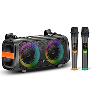 Hotec Karaoke Machine - Portable Bluetooth PA Speaker with Two Wireless Microphones, LED Party Lights, TF Card/USB Music, AUX Input, REC, and TWS for Adults and Kids