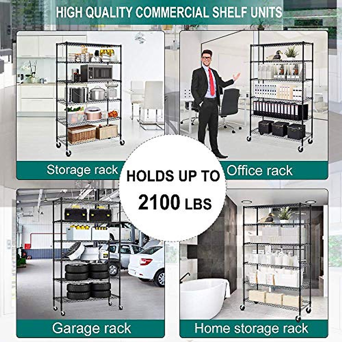 6 Tier Wire Rack Storage Shelves Metal Shelf Wire Shelving Unit with Wheels Heavy Duty NSF Utility Shelves Height Adjustable Kitchen Garage Shelf Racks, 82"x 48"x 18", Black