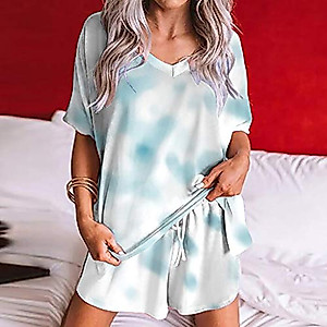 Pottseth Night Shirt For Women Plus Size Tie Dye Printed Casual Outfit Short Lounge Set and Long Pajamas Set Short Sleepwear Loungewear Nightwear Green