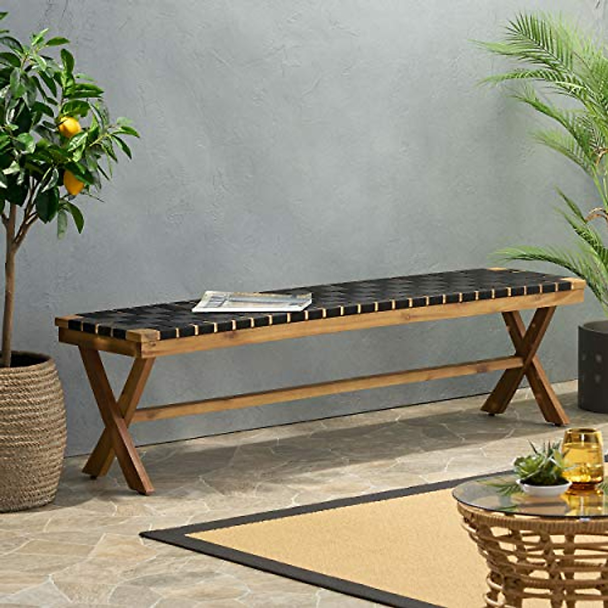Christopher Knight Home Jeffery Outdoor Acacia Wood Bench with Rope Seating, Black and Teak 61x13.75x16.25 inches