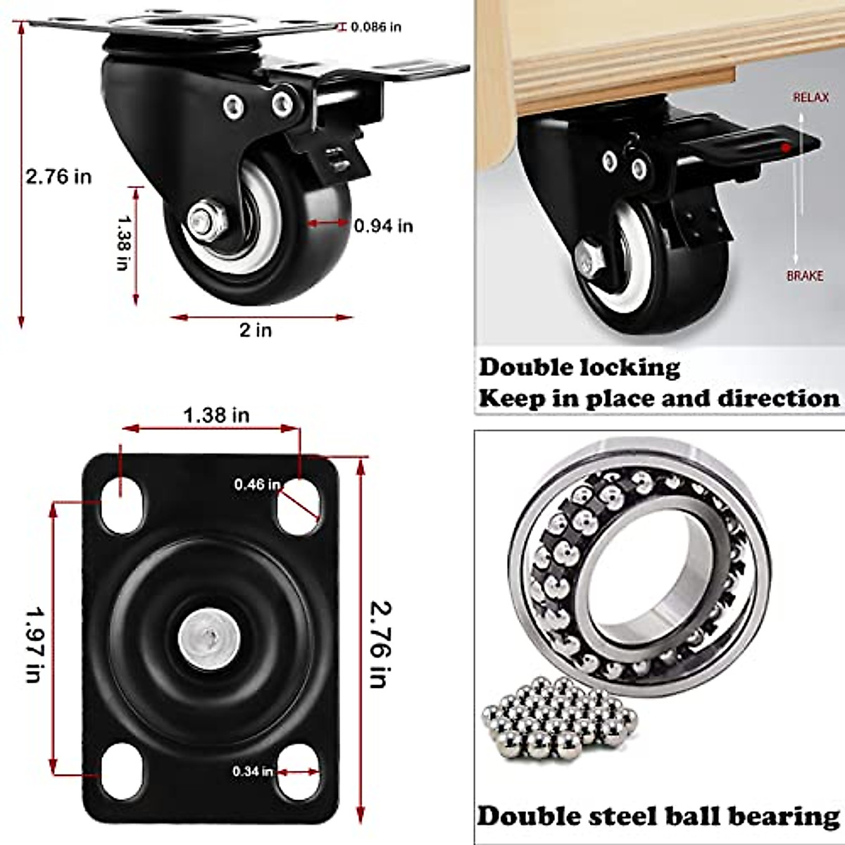 Casters Wheels Set of 4 Heavy Duty Swivel Casters 2" Double Locking Castor Wheels Set with Brake Industrial Polyurethane Metal Wheels for Workbench, Furniture, Cabinet, Wood Box, Outdoor Plate Casters