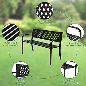 VINGLI Outdoor Bench Porch Bench Patio Metal Garden Bench w/PVC Back, Steel Black Outdoor Bench Park Bench for Yard Lawn Decor Deck Entryway