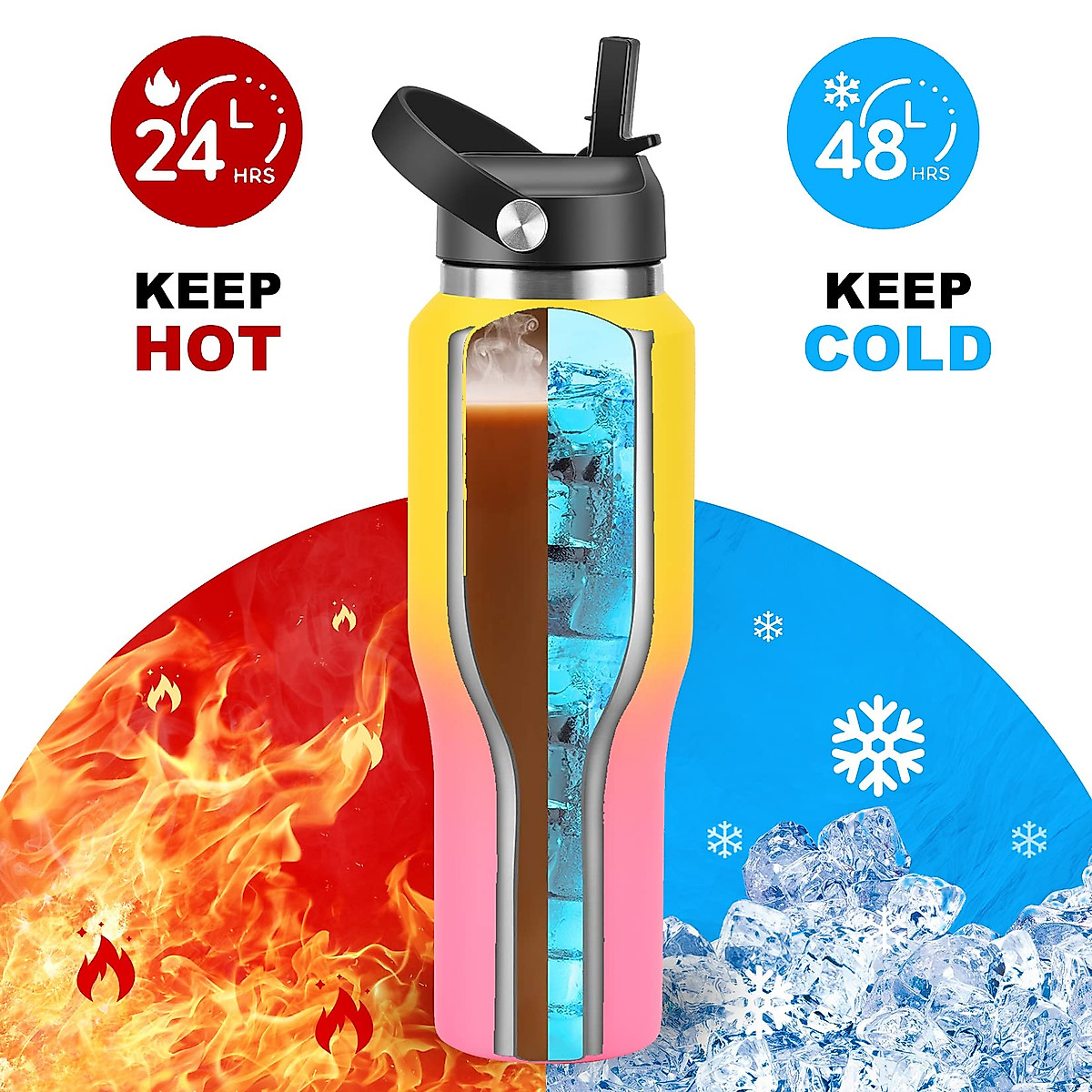 HYDROWION Water Bottle, 32oz Double Wall Vacuum Stainless Steel Insulated Water Flask with Straw Lid, Spout Lid and Flex Cap(Cold for 48 Hrs, Hot for 24 Hrs), Leakproof Travel Thermo Mug, Yellow&Pink