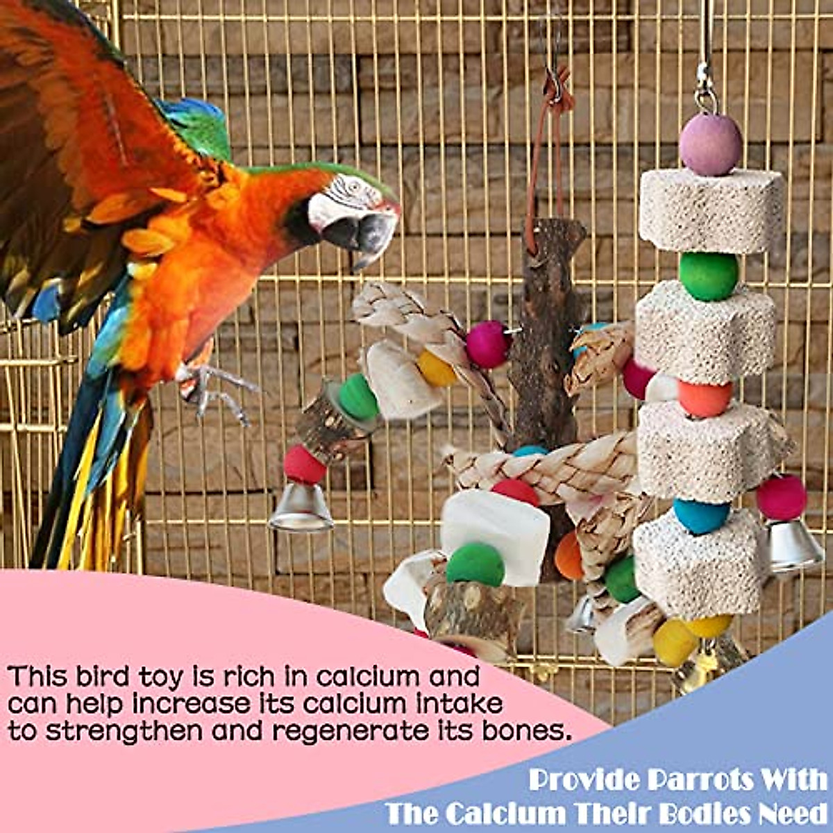 kathson Parrot Chewing Toy Bird Cuttlebone Toys Parakeet Beak Grinding Stone Hanging Bird Toys with Bell Natural Mineral Lava Blocks Chew Toys for Budgie Cockatiel Conure African Grey（2 Pack）