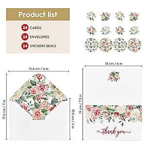 Artoid Mode 24 Pack Rose Flower Thank You Cards Wedding Greeting Cards Gift With Envelope Sticker Blank Note Cards for Birthday Wedding Baby Shower Bridal Shower, 4 x 6 Inch