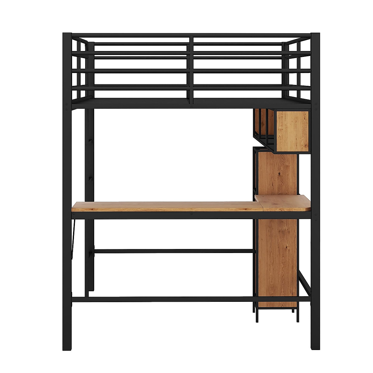 VilroCaz Full Size Metal Loft Bed with Wood L-Shaped Desk and Shelves, Multi -Functional Design Loft Bed Frame with 15.2'' Height Guardrails for Kids Teens Adults, Space-Saving