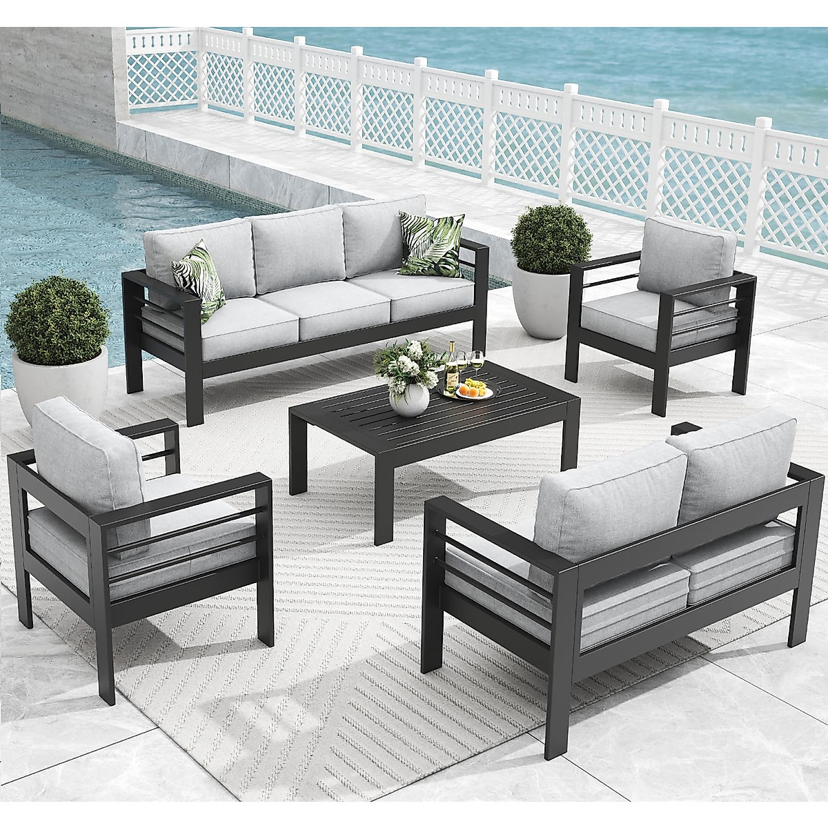 Vakollia 5 Pieces Modern Aluminum Patio Furniture Set, Outdoor Conversation Sets Metal Sectional Sofa with Coffee Table