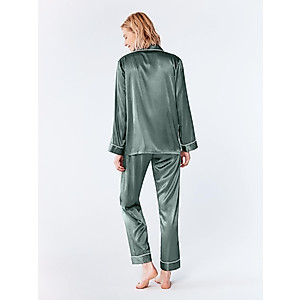 SIORO Womens Pajama Sets Silk PJ Satin Pijamas Two Piece Pants Set Sleepwear Loungewear PJS Plus Size, Greyish Green, X-Large
