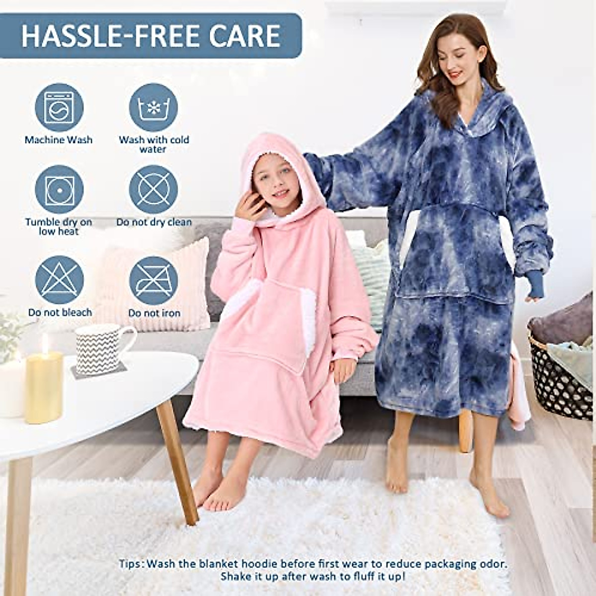 Drewin Wearable Blanket Sweatshirt for Women Men, Oversize Sherpa Fleece Blanket Hoodie with Huge Pocket & Elastic Sleeves, Fuzzy Warm Flannel Hooded Blanket for Adult Winter Gift, Blue&White