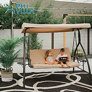 PHI VILLA 3-Seat Porch Swing with Canopy,Outdoor Swing with Retractable Side Table and Removable Cushion,Patio Swing Chair/Bench for Porch, Garden, Poolside, Balcony&Backyard,Alloy Steel Frame,Brown