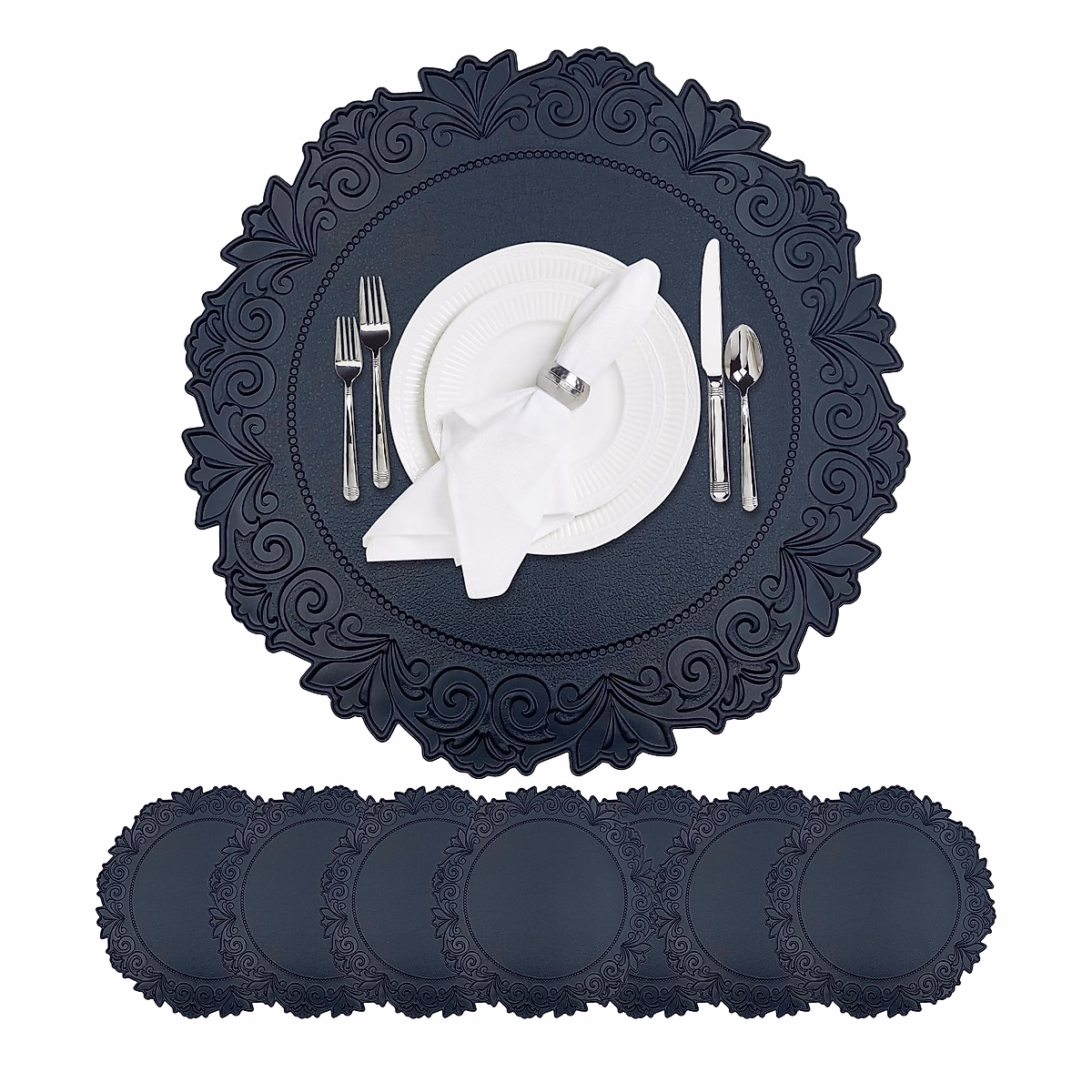 Canglifull European Embossed Waterproof Faux Leather Round Table Placemats Set of 6, Wipeable and Washable, Suitable for Round Tables, Dining Tables for Home Kitchen Decoration (Black)