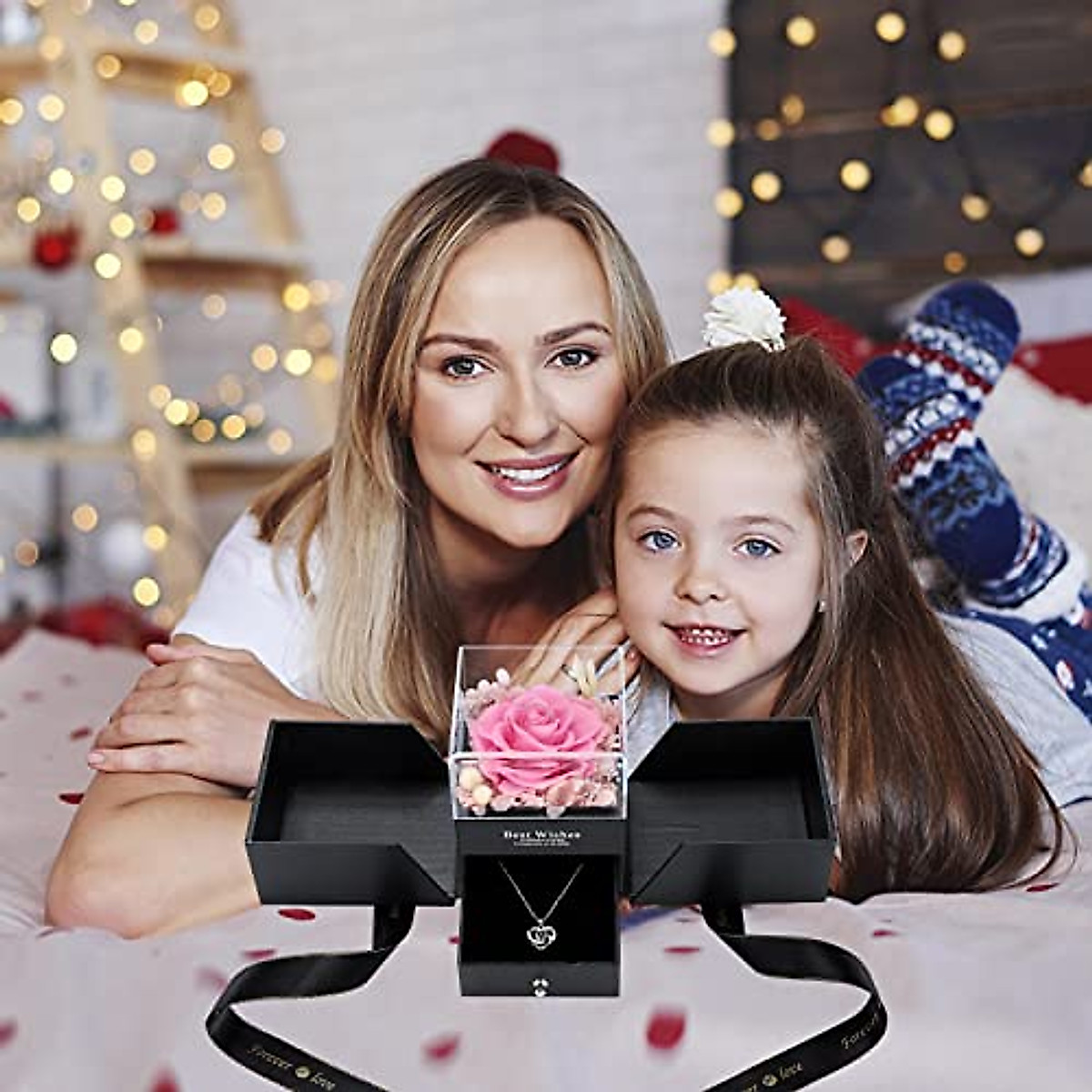 LOVCAS Valentines Preserved Real Rose with I Love You Necklace in 100 Languages Enchanted Flower Mothers Day Gifts from Son Gifts for Mom Wife Girlfriend Her on Birthday Women Gifts