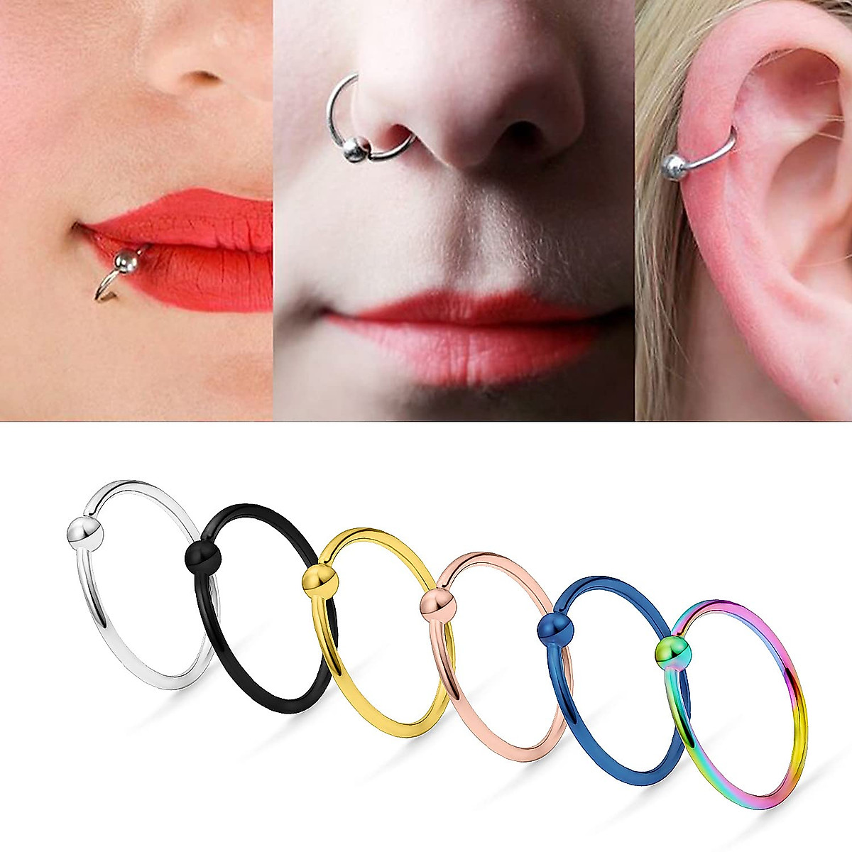 Yaalozei 22G Nose Rings Hoops Piercing Jewelry Women Stainless Surgical Steel Captive Bead Septum Nose Eyebrow Lip Smiley Rings Tragus Cartilage Helix Rook Daith Earring Hoop Piercing Jewelry Men 8mm