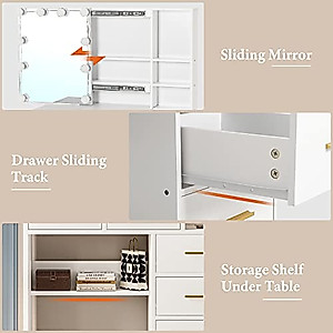 Tiptiper Makeup Vanity with Lights, Vanity Table with Charging Station, Vanity Desk with Sliding Mirror and 10 LED Light Bulbs, Makeup Table with 5 Drawers, Hidden and Open Storage Shelves, White