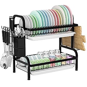 Astoryou Dish Drying Rack, 2 Tier Dish Racks for Kitchen Counter, Rust-Resistant Drying Rack Kitchen Dish Drainers with Drainboard ,Utensil Holder and Cutting Board Holder, Black