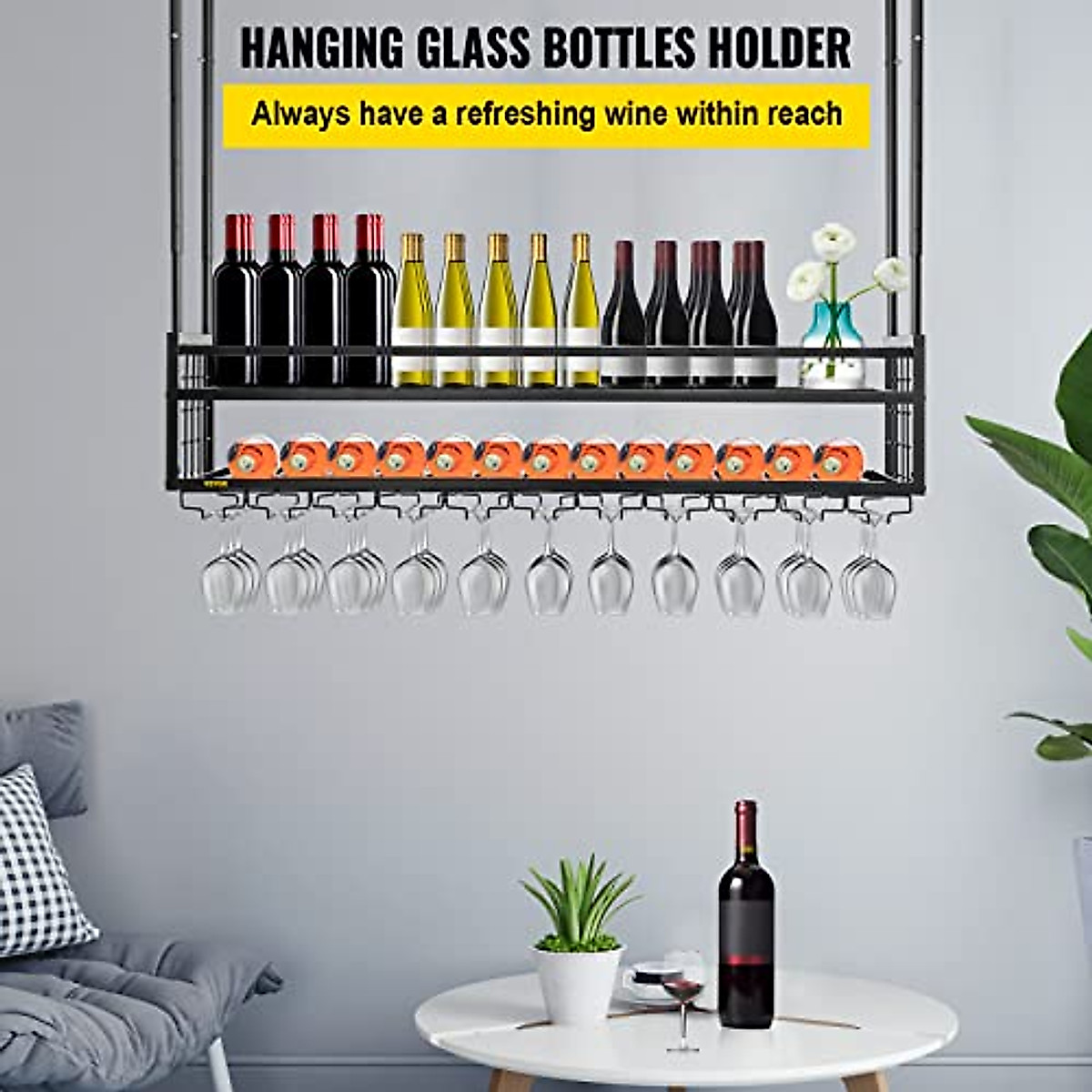VEVOR Ceiling Wine Glass Rack, 46.9 x 11.8 inch Hanging Wine Glass Rack, 18.9-35.8 inch Height Adjustable Hanging Wine Rack Cabinet, Black Wall-Mounted Wine Glass Rack Perfect for Bar Cafe Kitchen