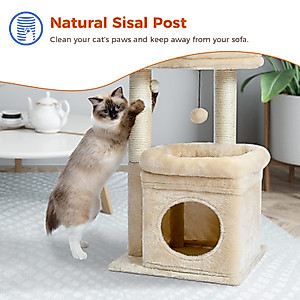 PEQULTI Cat Tree Cat Tower for Indoor Cats with Private Cozy Cat Condo, Natural Sisal Scratching Posts and Plush Pom-pom for Small Cats,Beige