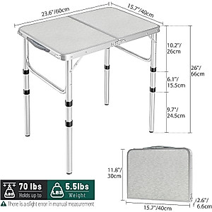 REDCAMP Small Camping Table 2 Foot, Portable Aluminum Folding Table Adjustable Height Lightweight for Picnic Beach Outdoor Indoor, White 24 x 16 inch (3 Heights)