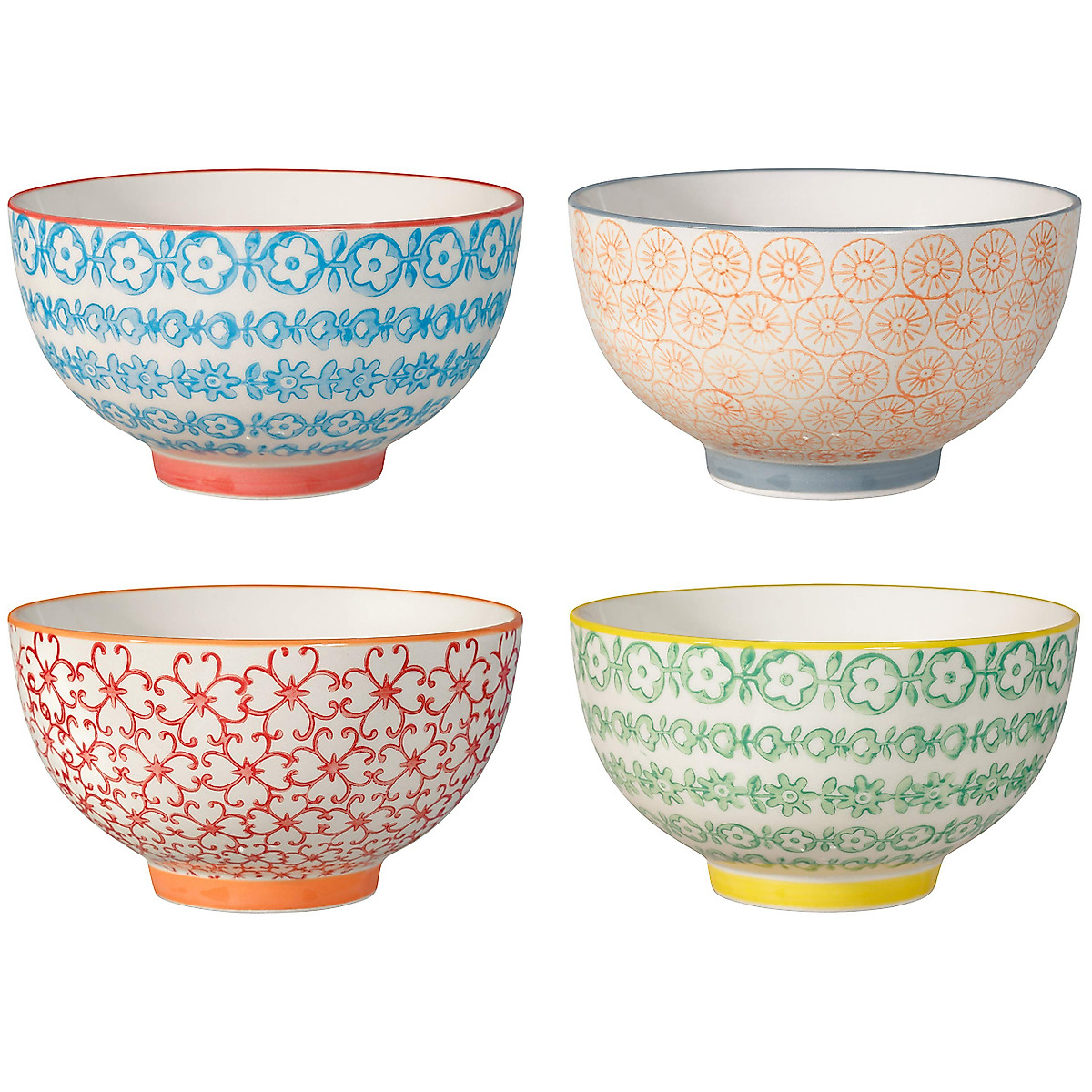 Bloomingville Ceramic Cereal Bowls Carla Express - colorful Set for Soup, Breakfast Dia 5.25'' H 3'', blue orange green red, Stoneware, Set of 4 Styles, content 15.75 fl oz