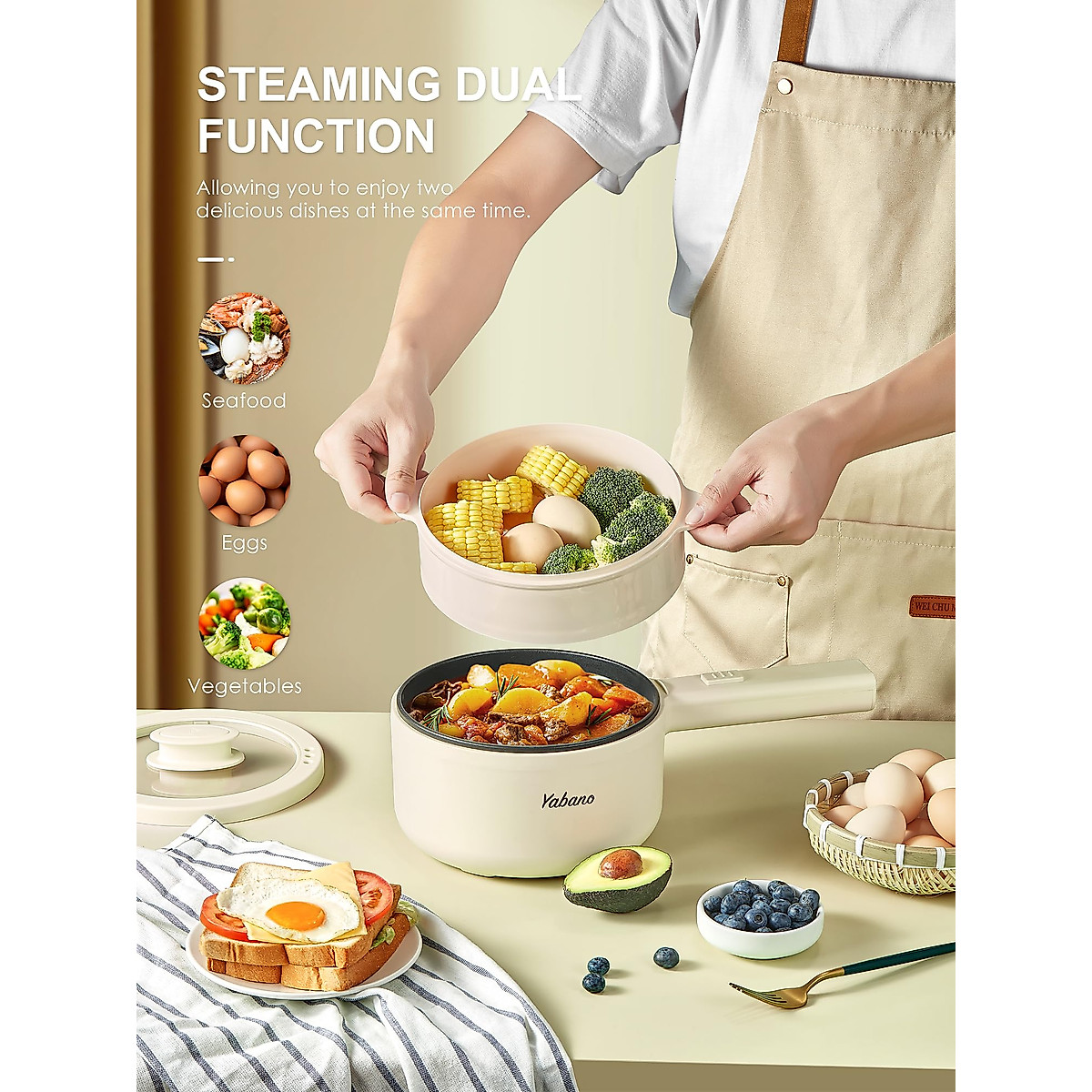 Yabano Electric Pot, 850W Non-Stick Electric Hot Pot with Steamer,1.6L Noodles Cooker with Dual Power Control, Portable Pot For Dorm, Office, Travel with Silicone Spatula Included, BPA Free, White