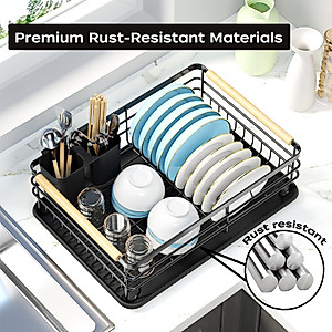 jouzevic Dish Racks for Kitchen Counter: Wooden Handles, Thickened Metal, No Assembly. Small Dish Drying Rack: Ideal for Small Households. Drying Rack Kitchen: Black