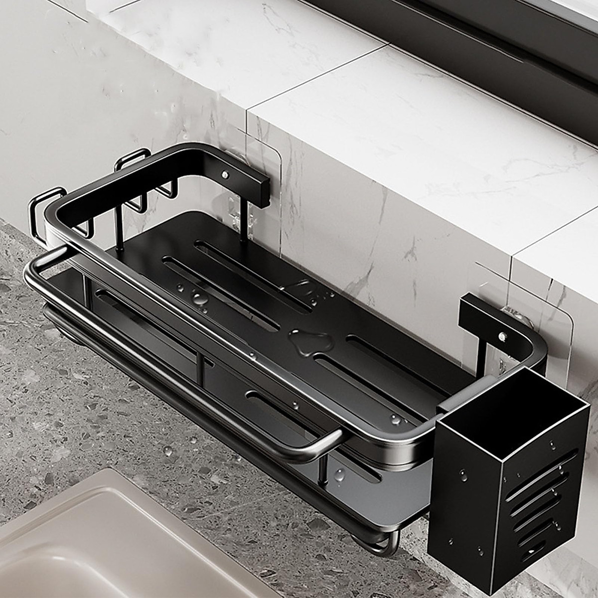 BORDSTRACT Space Saving Kitchen Organizer, Wall Mounted, No Drill Sink Shelf, Sturdy Aluminum Alloy, Drainage Chopstick Holder, Black