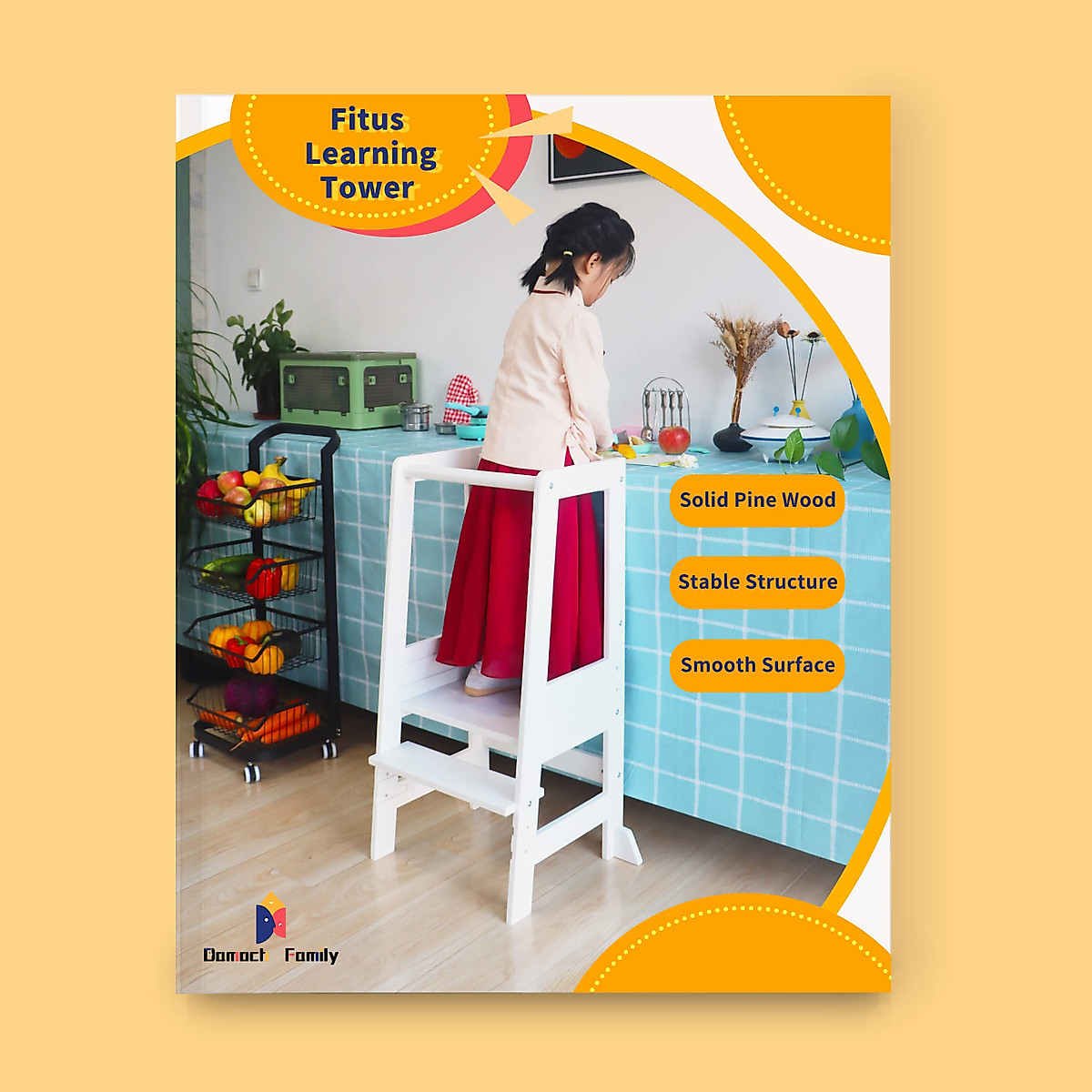 Damoch Family™ Kitchen Learning Stool Wooden Adjustable Height Kitchen Help Stool for Toddlers Patented Design (White)