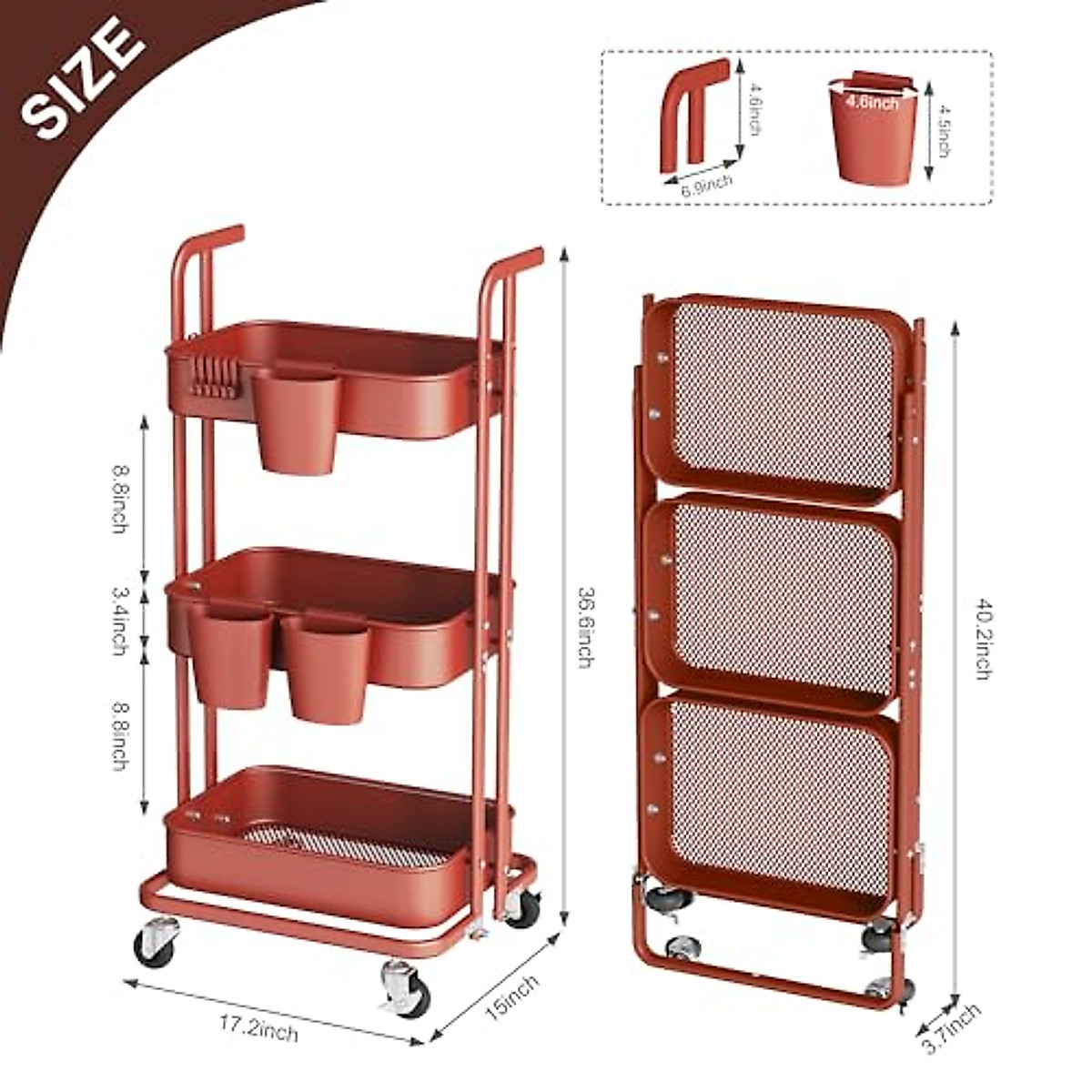 DTK 3 Tier Foldable Rolling Cart, Metal Utility Cart with Lockable Wheels, Folding Storage Trolley for Living Room, Kitchen, Bathroom, Bedroom and Office, Red