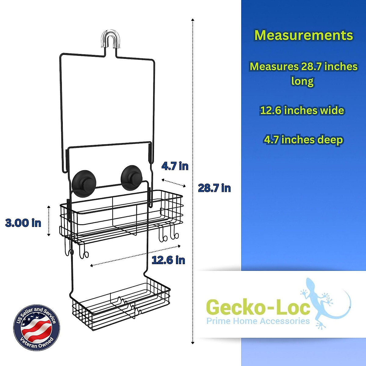 Gecko-Loc Extra Long Wide Adjustable Length over the showerhead hanging shower caddy organizer - for Shampoo, Soap, & Razors - Black