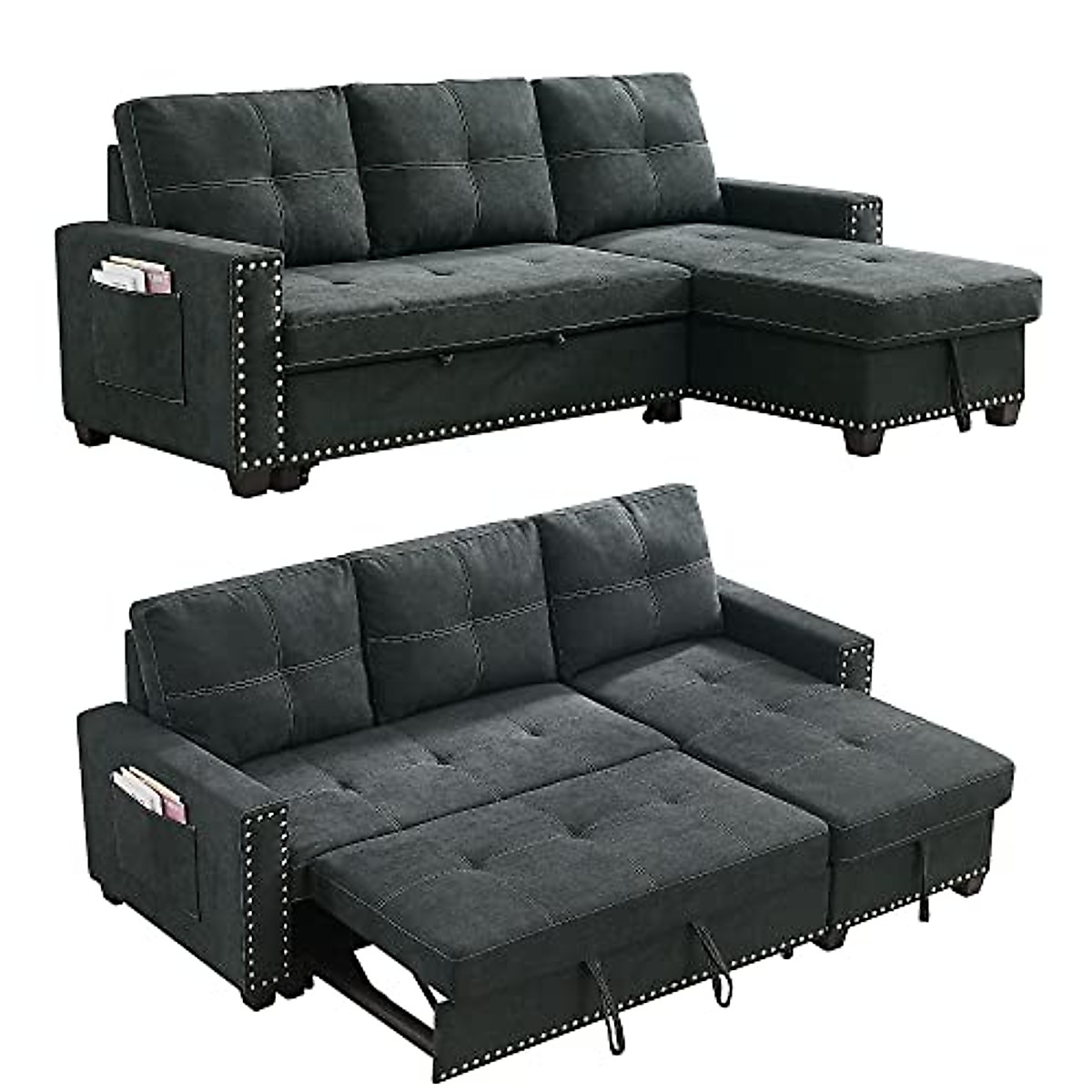 Ucloveria Reversible Sectional Sofa Couch, Sleeper Sofa Bed with Storage Chaise Pull Out Couch Bed for Living Room L-Shape Lounge 2 in 1 Sectional Couch with Pull Out Bed Black
