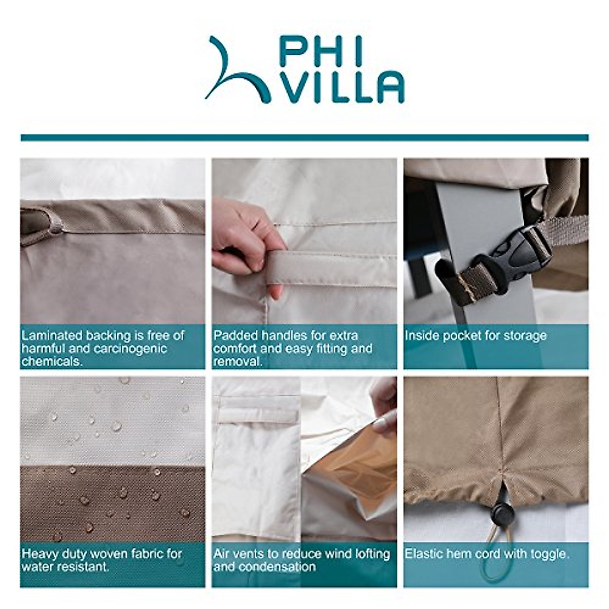 PHI VILLA Patio Table Set Covers Waterproof, Large Rectangular Heavy Duty Patio Cover, Outdoor Dining Table and Chair Cover with Pop-up Supporter, 89"L X 59"W X 23"H, Beige & Brown