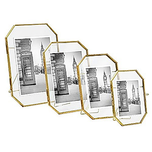 Isaac Jacobs 4x6 Vintage Style Octagon Brass & Glass, Metal Floating Picture Frame with Locket Closure (Vertical), Made for Tabletop Display, (Fits up to a cutout 4” x 6” - See images for other sizes)