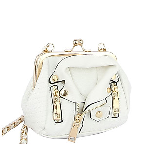 Trendeology Moto Jacket Design Bike Vegan Leather Fringed Saddle Bag Fashion Backpack Purse (Crossbody - White/Gold Chain)