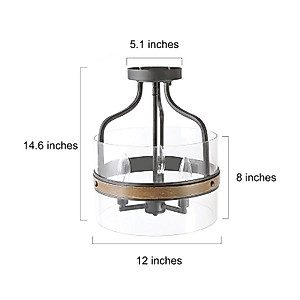 GEPOW Semi Flush Mount Ceiling Light, Farmhouse Fixture with Clear Glass, for Entryway, Dining Room, Foyer, Bedroom, Hallway, Kitchen (Faux Wood Finish Ring)