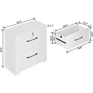 2 Drawer File Cabinet with Lock, Wooden Lateral Storage Home Office Filing Cabinet with Anti-tilt Mechanism with 8 Hanging Bars for Letter/Legal Size (White)